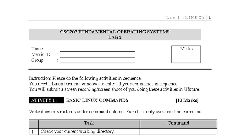 Lab 2 (LINUX) CSC207 Fundamental Operating Systems Activities - Studocu