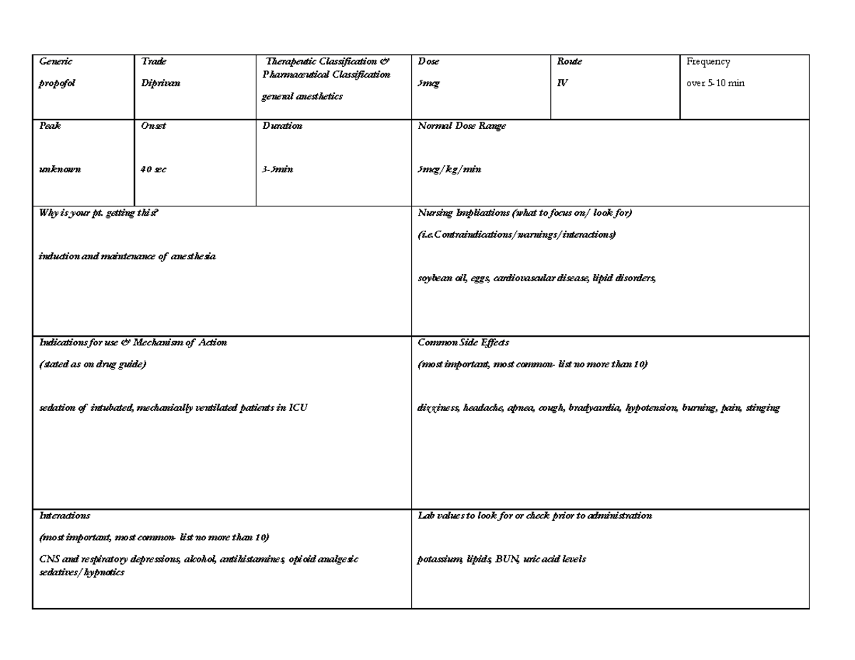 Propofol Drug Card - Study Notes for Pharmacology 101 - Studocu