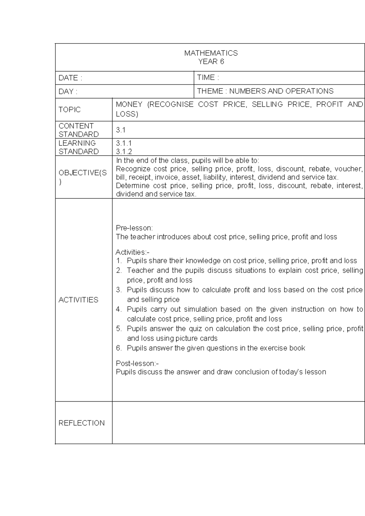 MATHEMATICS YEAR 6 - TOPIC 3: MONEY LESSON PLANNING - Studocu