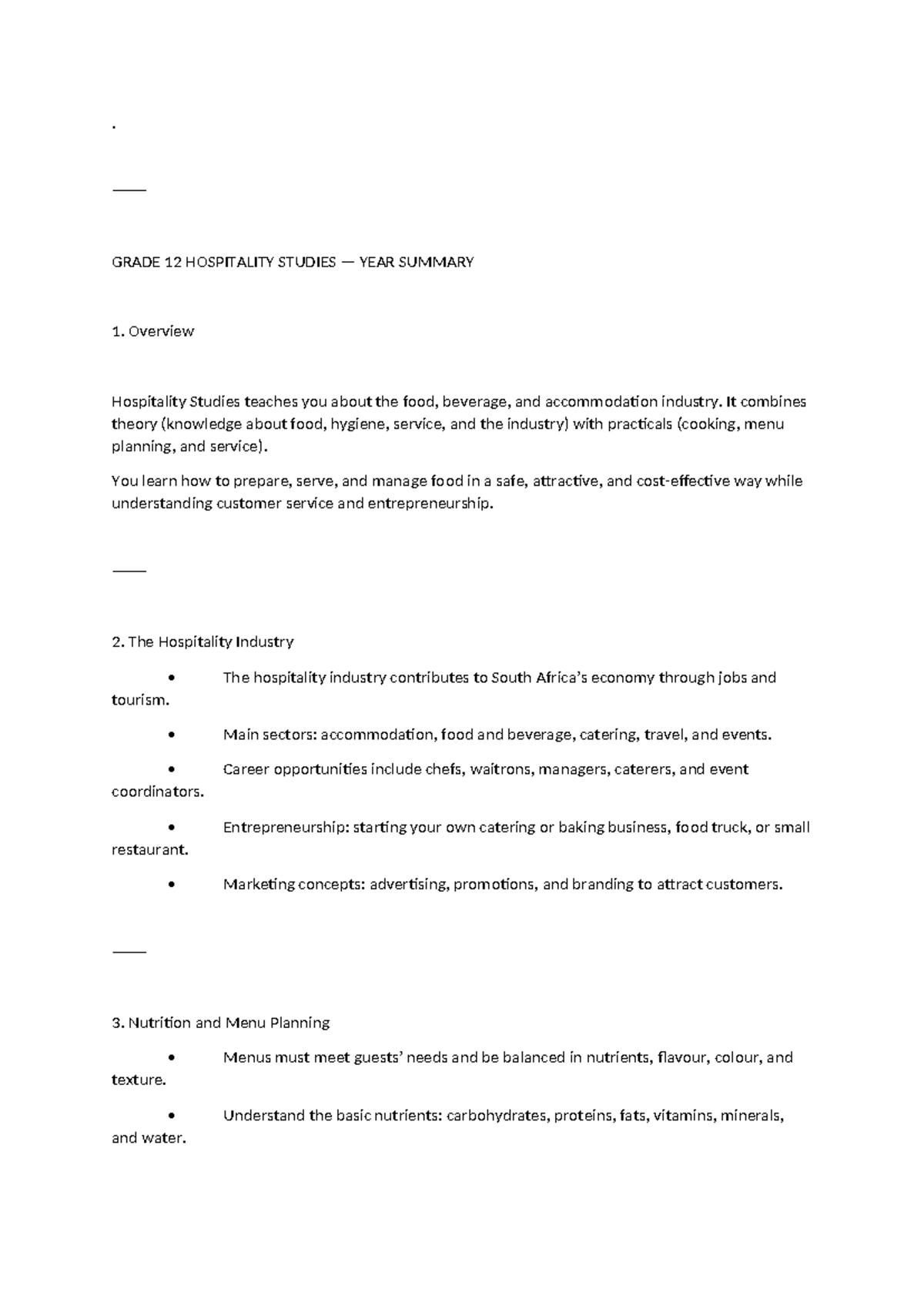 GRADE 12 HOSPITALITY STUDIES YEAR SUMMARY & STUDY NOTES - Studocu