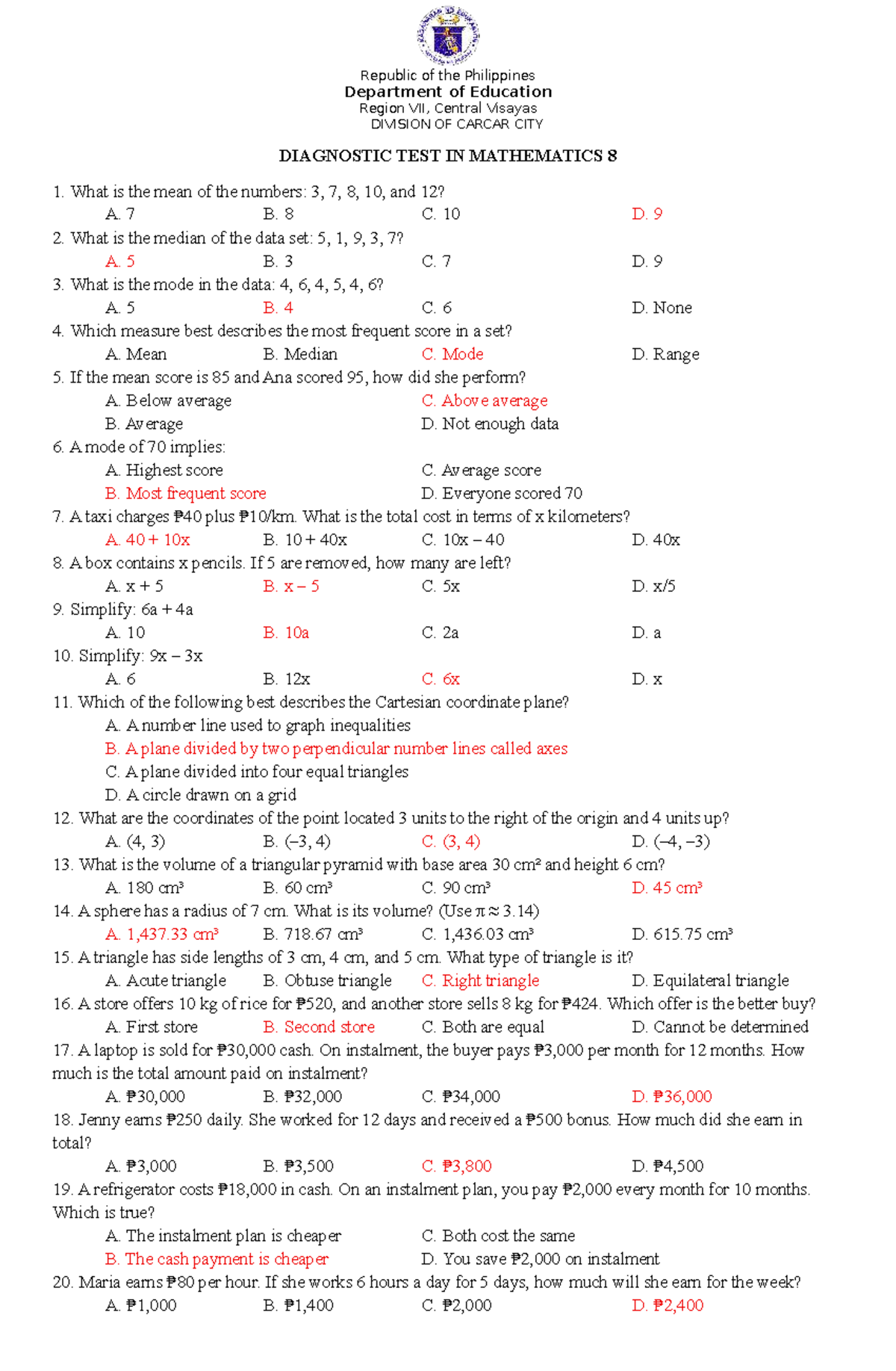 MATH 8 - Diagnostic Test in Mathematics (Matatag) - Studocu
