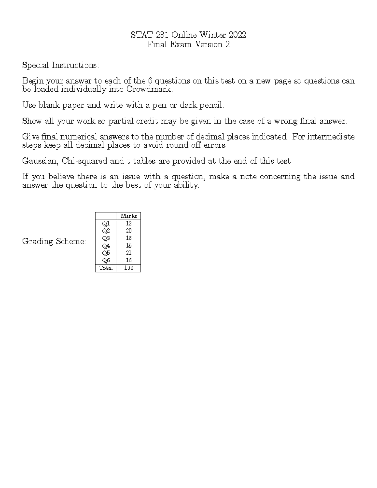 STAT 231 final sample exam - STAT 231 Online Winter 2022 Final Exam ...
