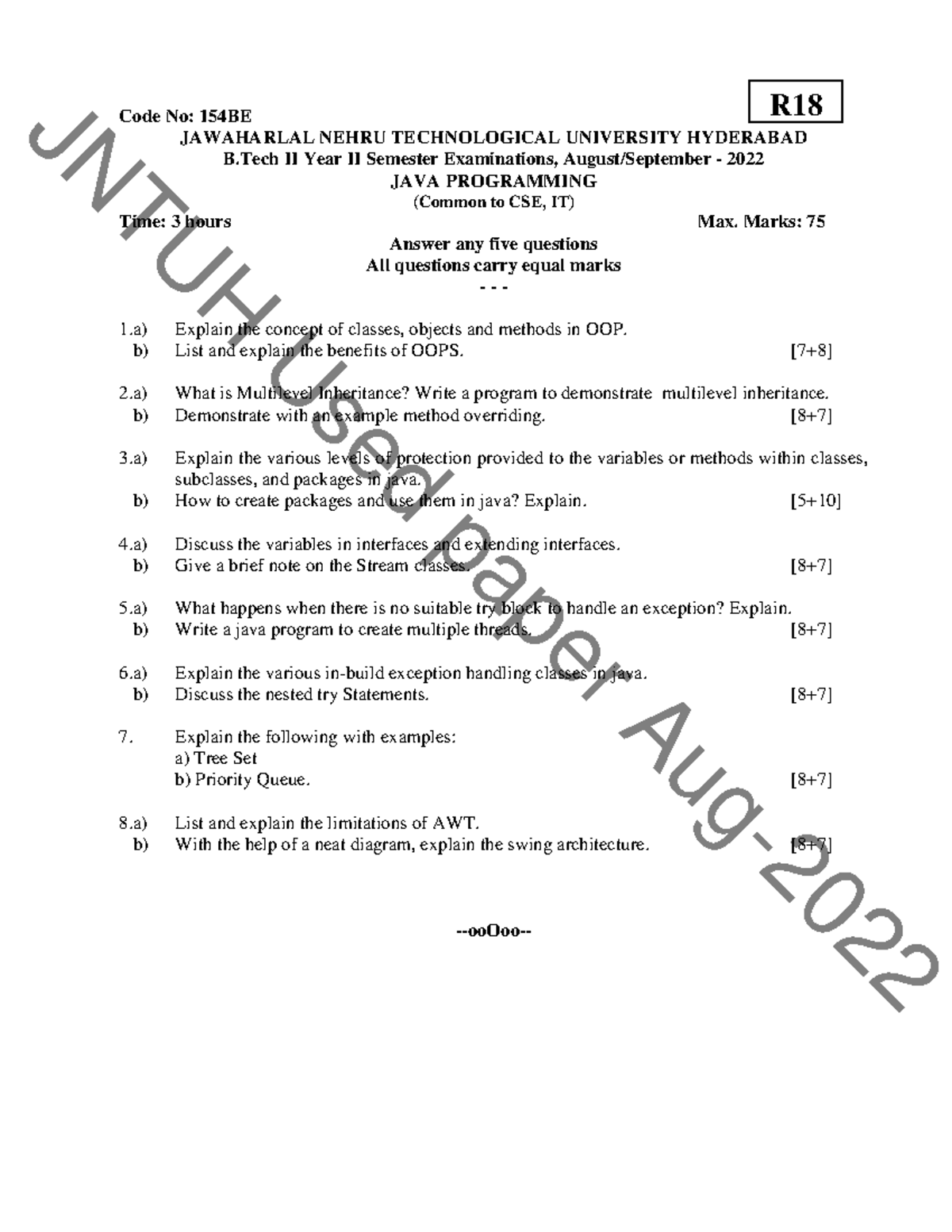JAVA PROGRAMMING Exam Q&A - R18 H TU JN Code No: 154BE - Studocu