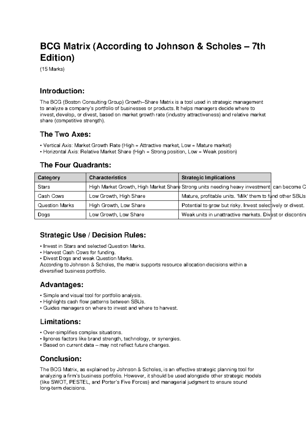 BCG Matrix Analysis: Johnson Scholes 7th Ed. Insights (15 Marks) - Studocu