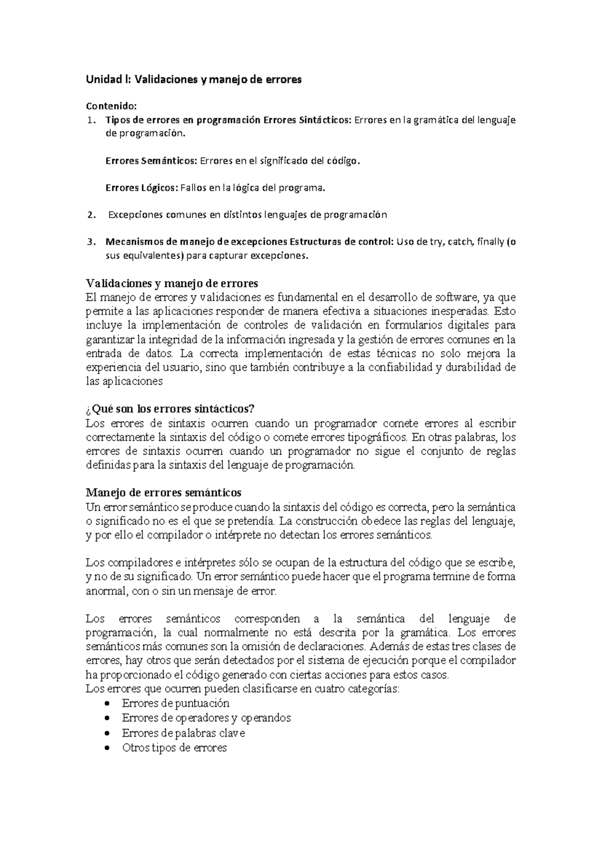 Unidad I: Validaciones y Manejo de Errores en Programación - Studocu