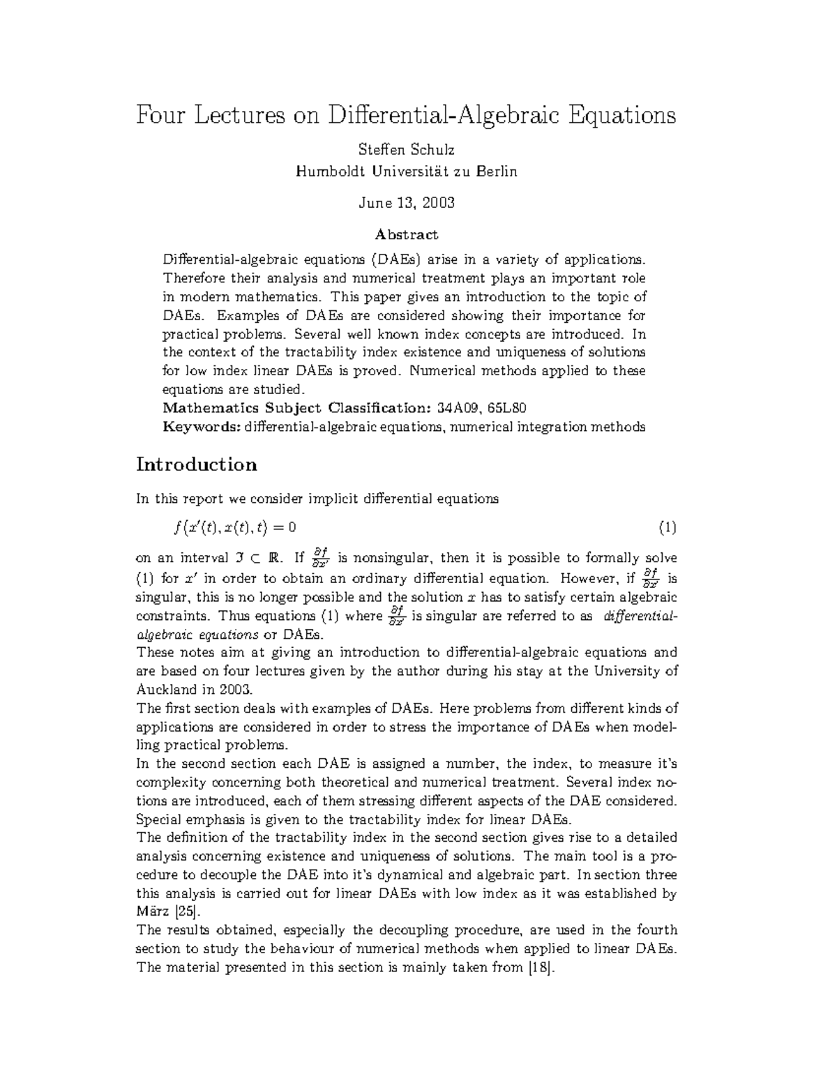 Four Lectures on Differential-Algebraic Equations (DAEs) - 497 Ref ...