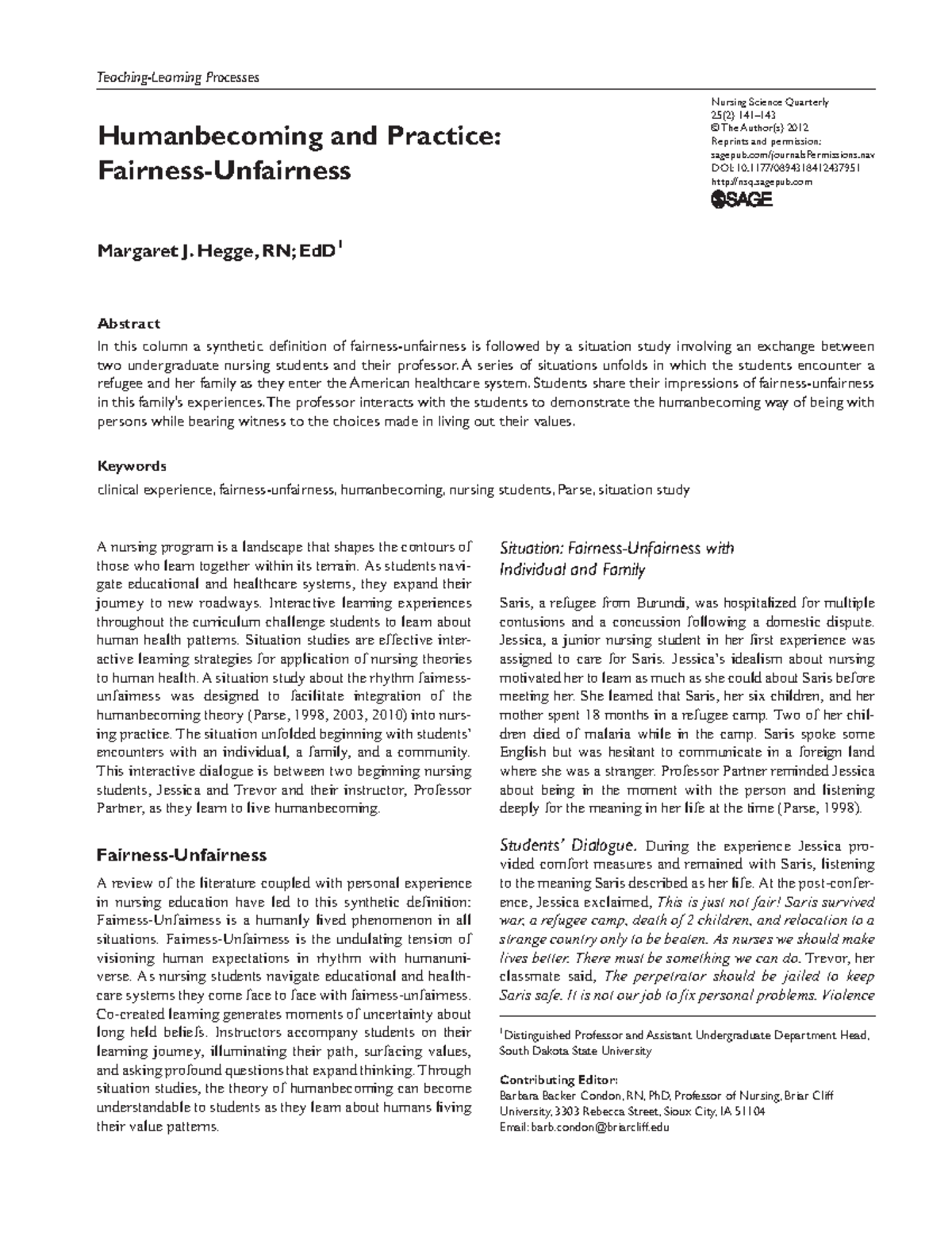 2012 - Humanbecoming and Practice Fairness Unfairness [retrieved 2024-03-18] - Nursing Science ...