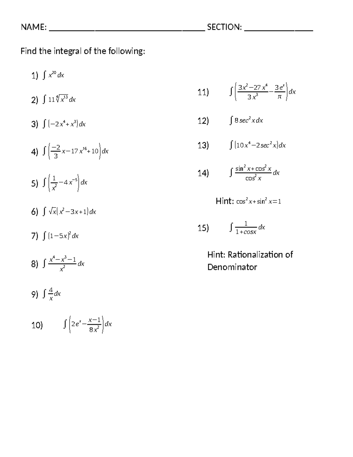 Quiz 1: Basic Calculus Integrals - MATH 101 - Studocu