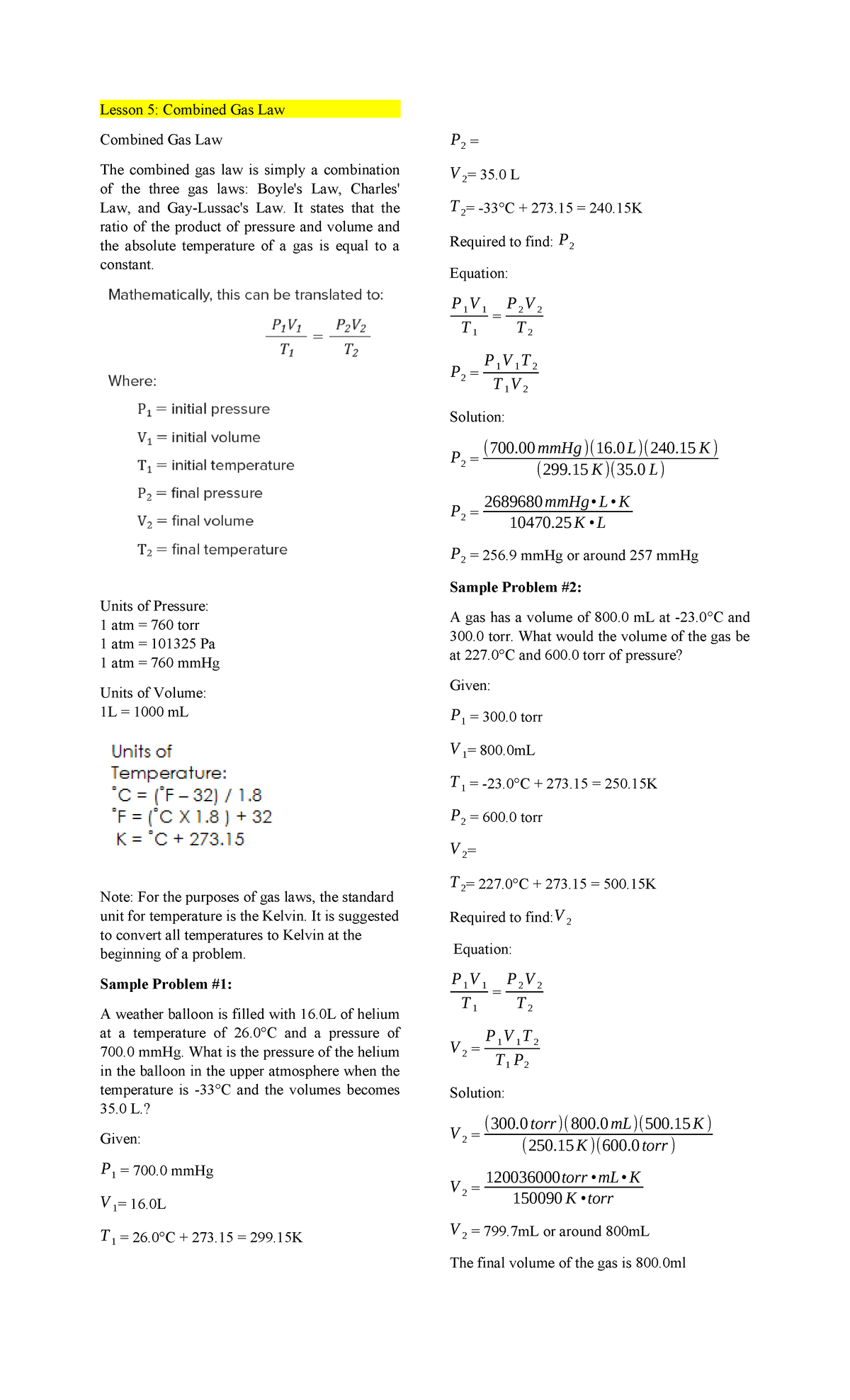 Lesson 5 & 6: Combined Gas Law & Ideal Gas Law Overview - Studocu