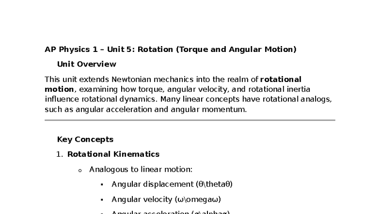 AP Physics 1 Unit 5: Summary of Rotation and Torque Concepts - Studocu