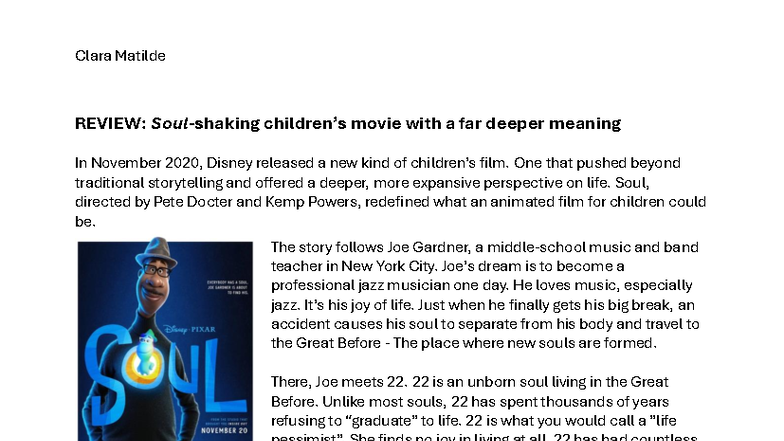 Review of SOUL: A Deeper Look at Life's Meaning - Studocu