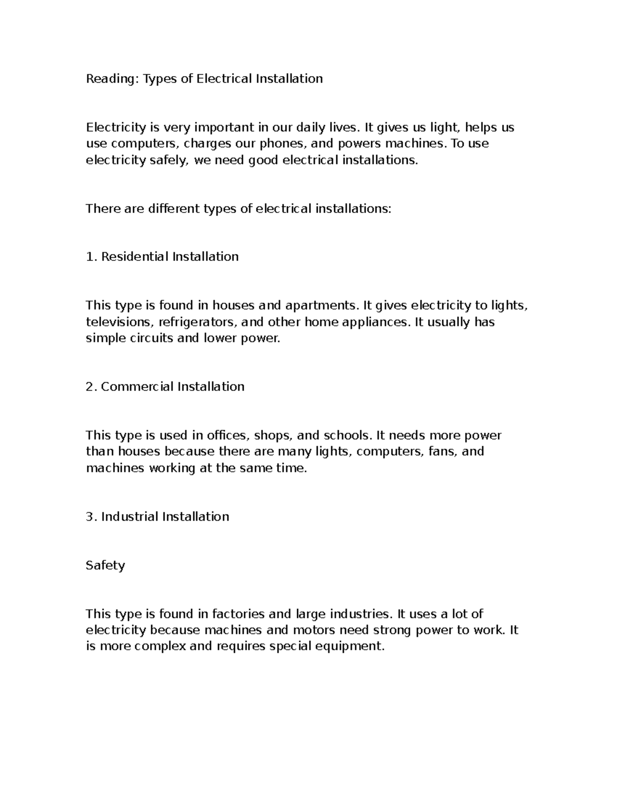 Reading: Types of Electrical Installation - Quiz Week 6 - Studocu