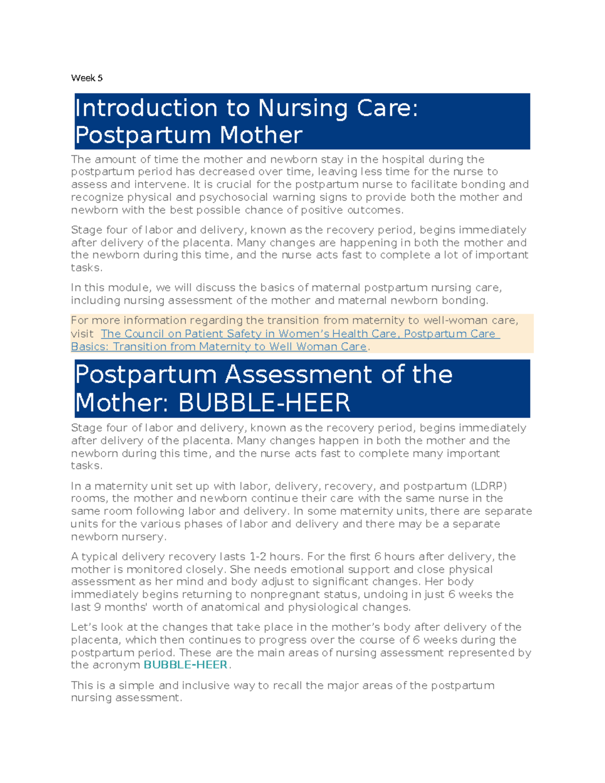 Week 5 - Lecture Notes on Postpartum Nursing Care - Studocu