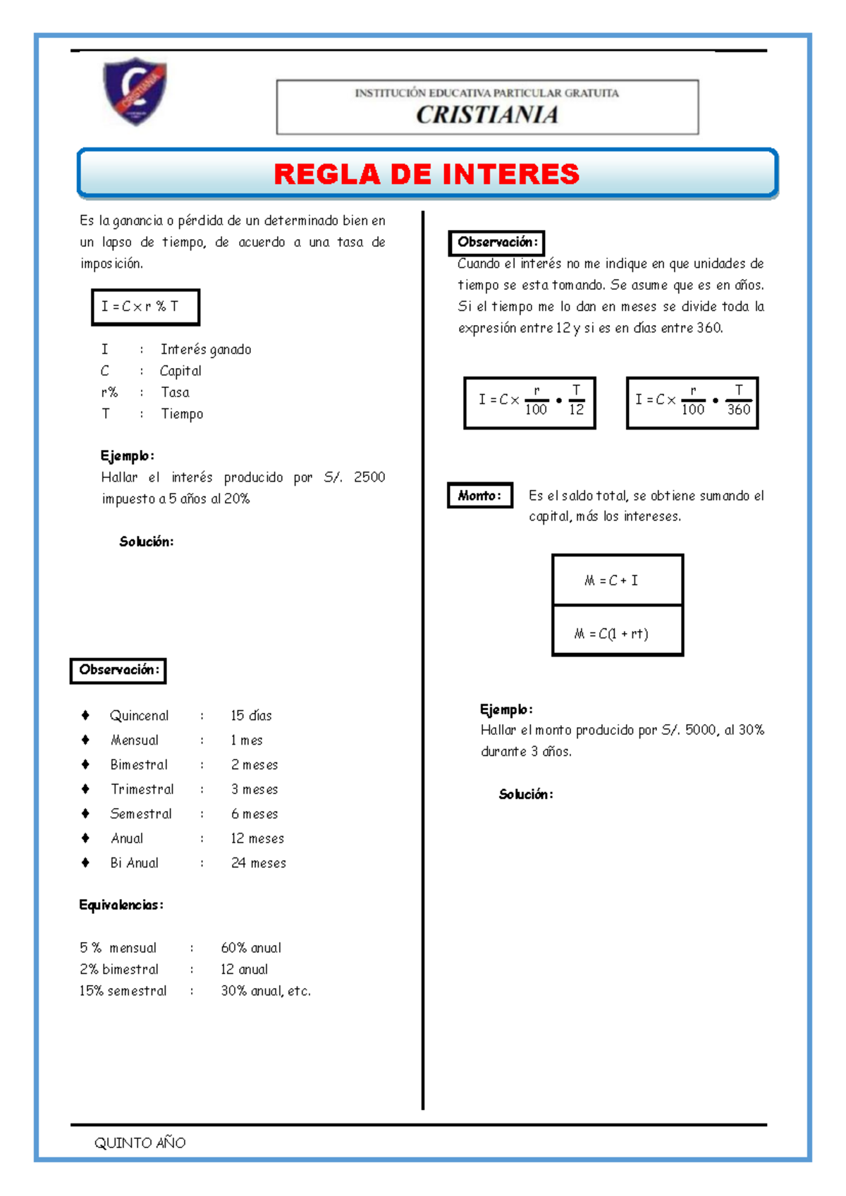 Quinto Año: Regla de Interés y Ejercicios de Aplicación - Studocu