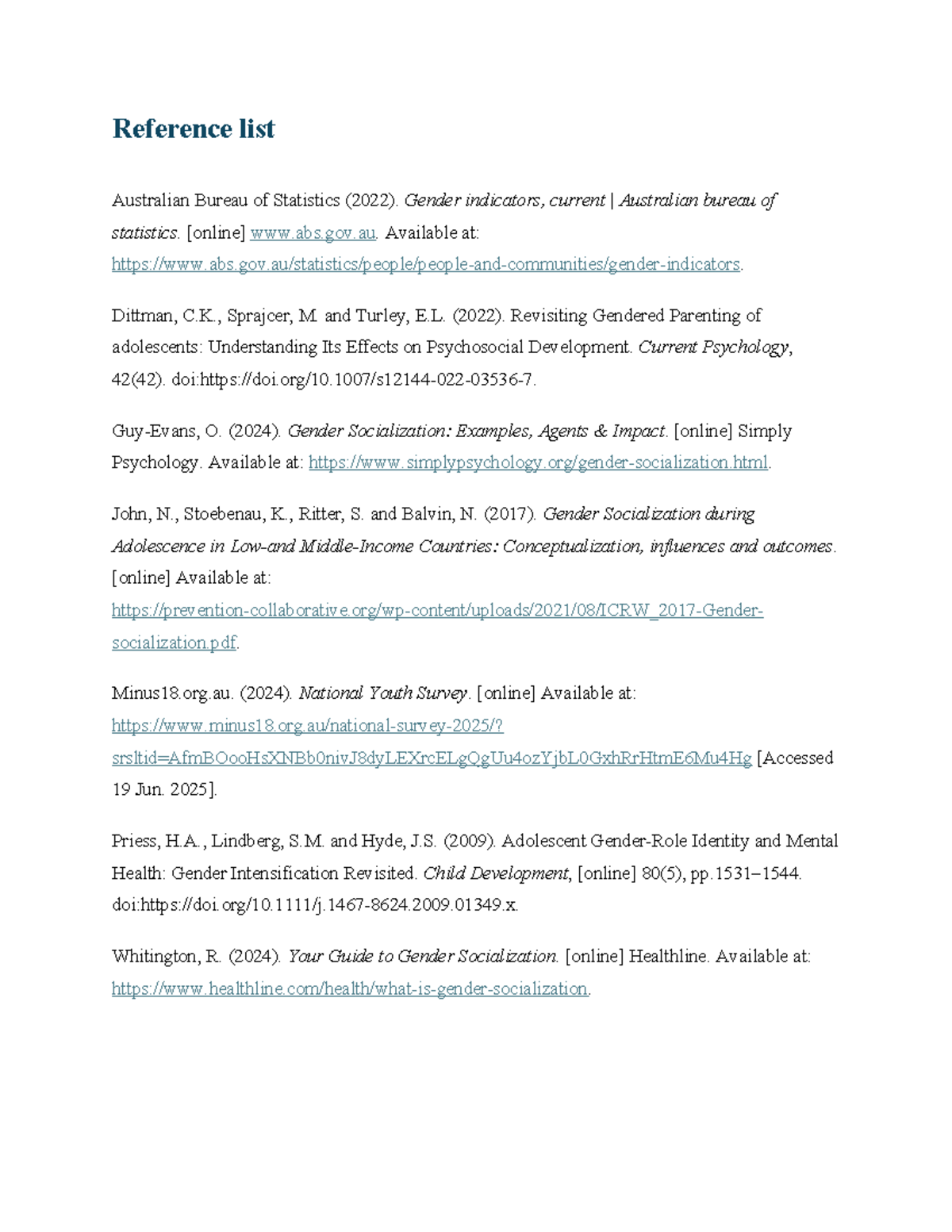 Bibliography SAC 1: Gender Socialization References and Studies - Studocu