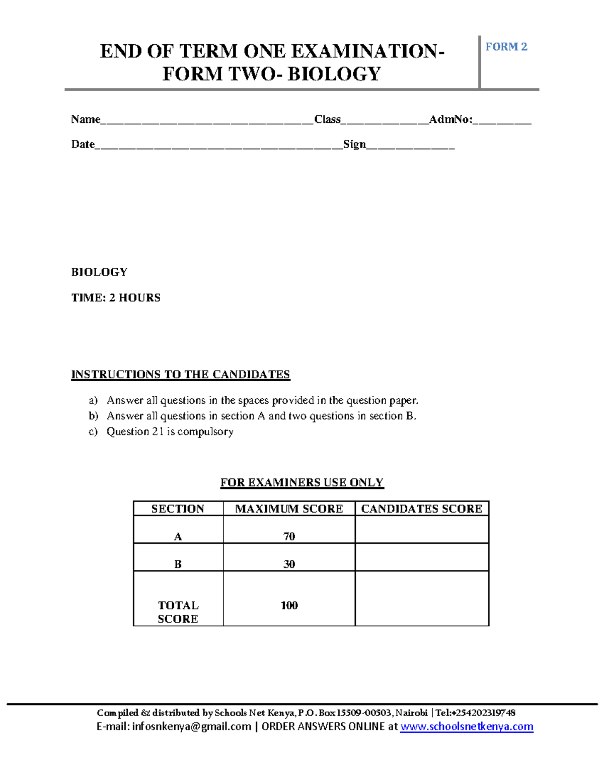 Biology Form 2 End of Term 1 Examination Paper 2020 - Studocu