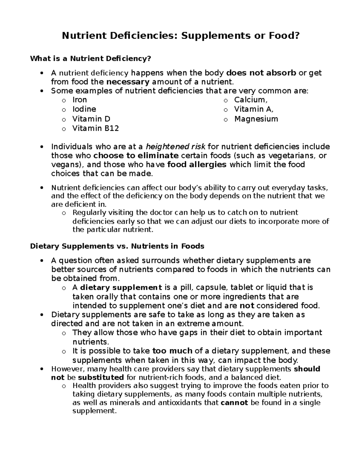 2.3 OH - Nutrient Deficiencies: Food vs. Supplements Explained - Studocu