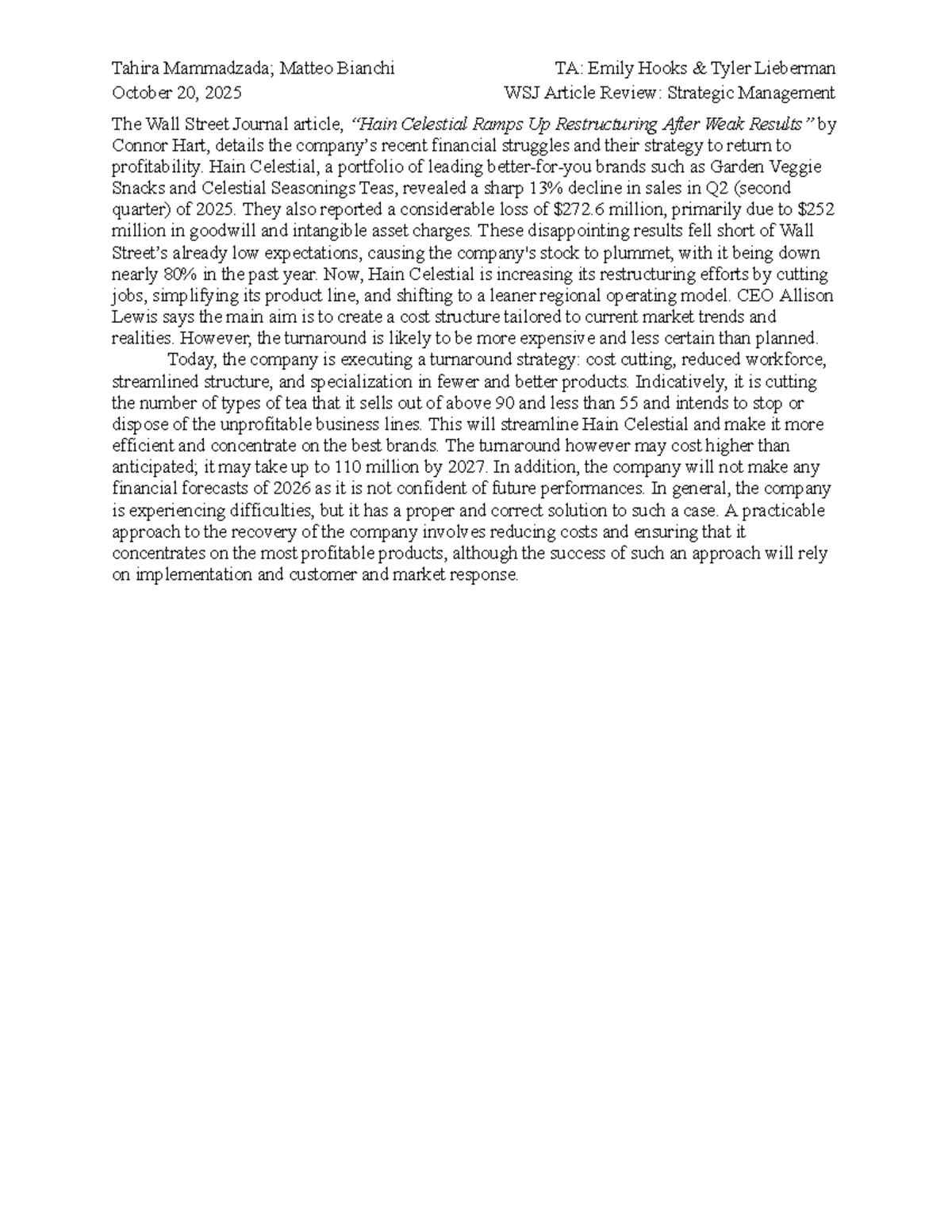 WSJ Article Review: Hain Celestial's Restructuring Strategy - Studocu