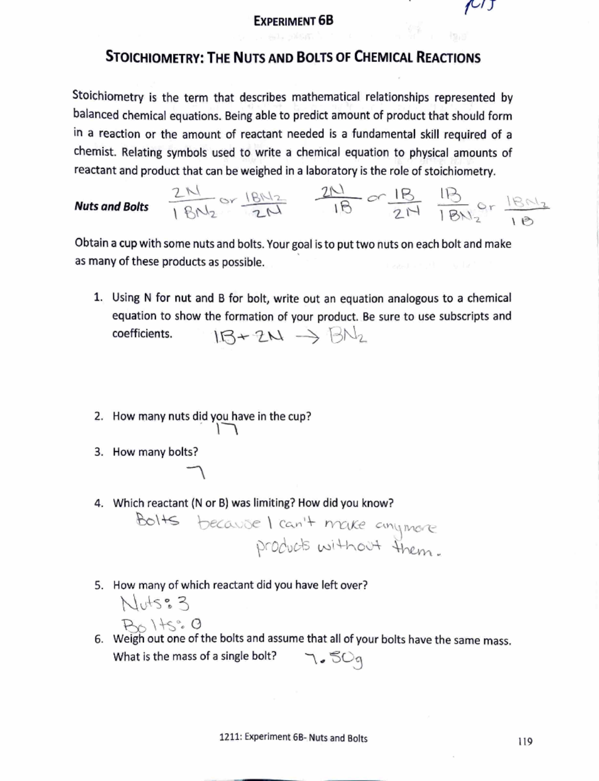 Experiment 6B - EXPERIMENT 68 (vlJ STOICHIOMETRY: THE NUTS AND BOLTS OF ...