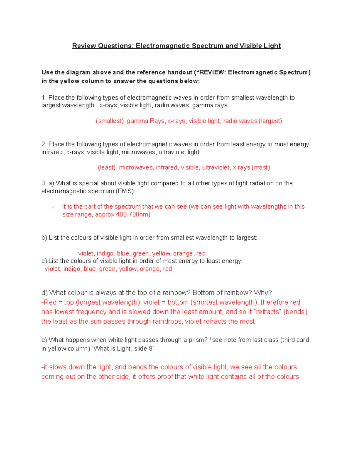 01- Handout Review: Electromagnetic Spectrum & Visible Light Q&A - Studocu