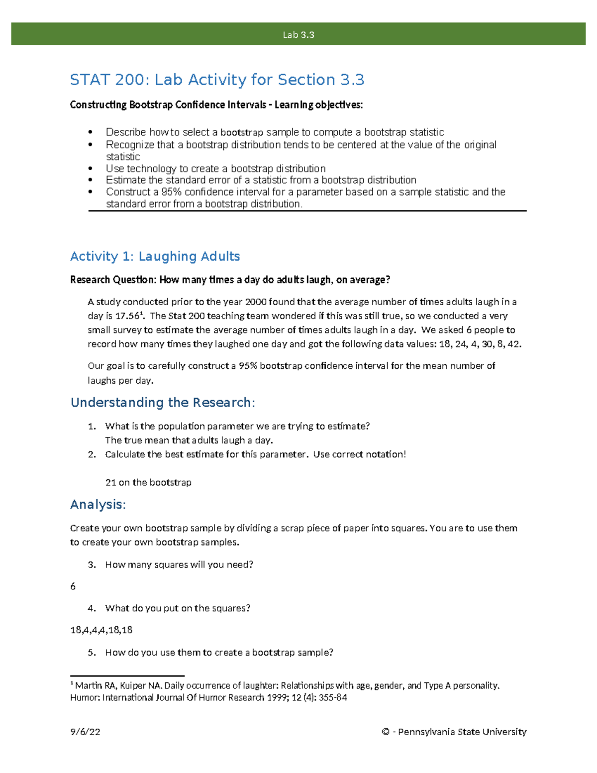STAT 200: Bootstrap Confidence Intervals for Laughter Analysis - Studocu