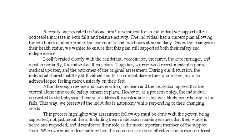 Assessment Follow-up - NADSP Write-Up on Individual Support Needs - Studocu