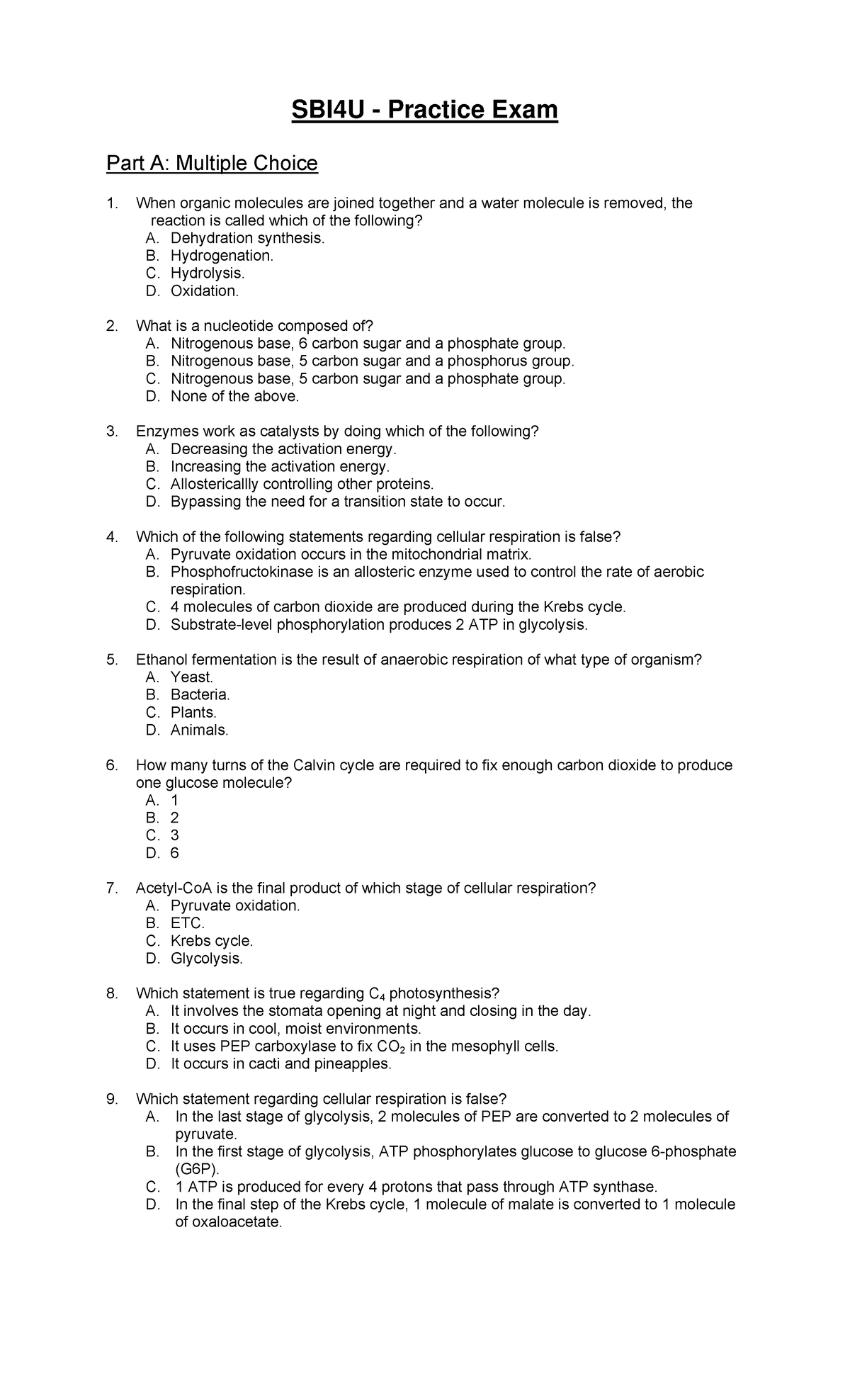 SBI4U Practice Exam 1: Multiple Choice & Short Answer Review - Studocu