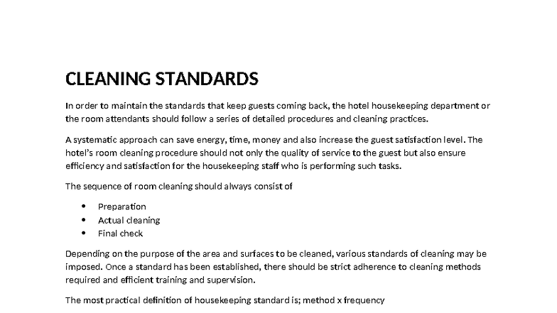 CLEANING STANDARDS: Detailed Housekeeping Procedures and Practices ...