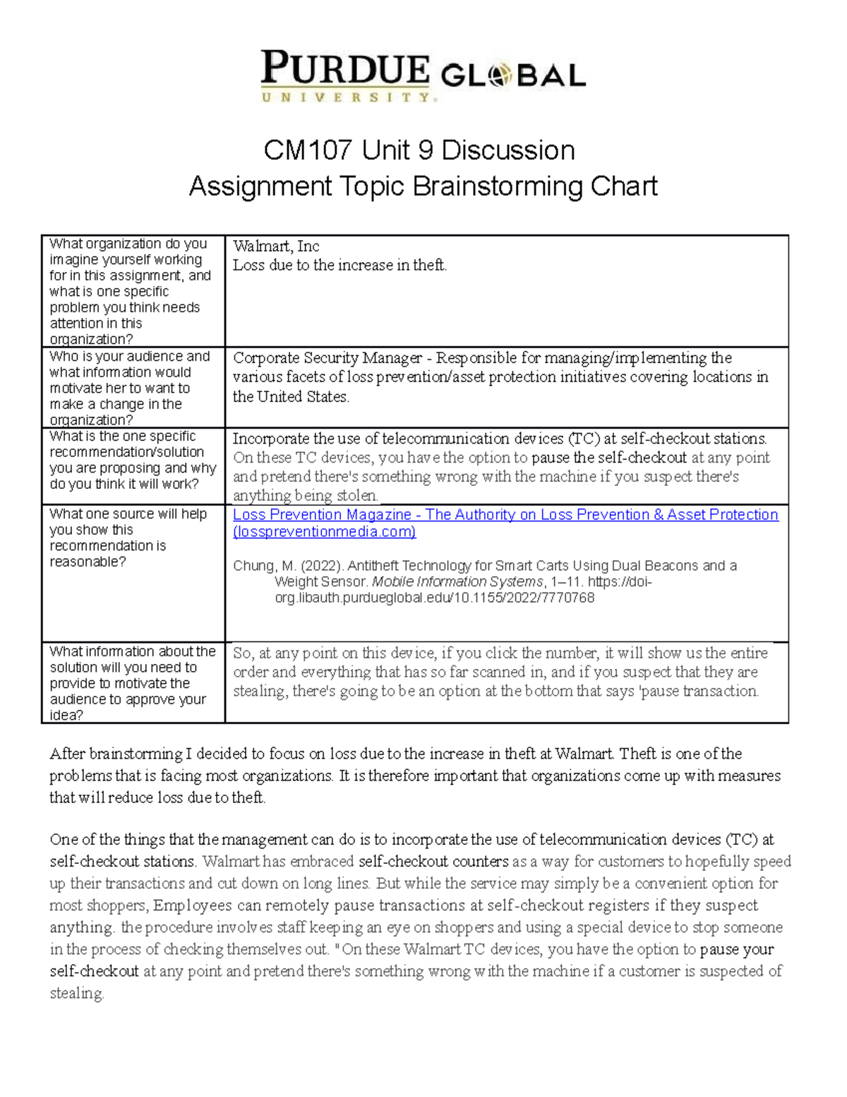 CM107 U9 DBChart - Discussion Board - CM107 Unit 9 Discussion Assignment Topic Brainstorming ...