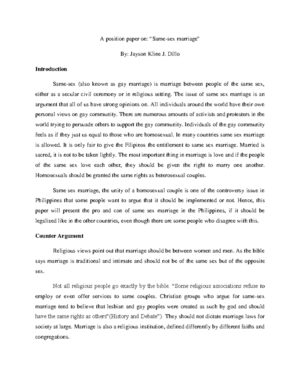 373381697 Position Paper on Same-Sex Marriage in the Philippines - Studocu