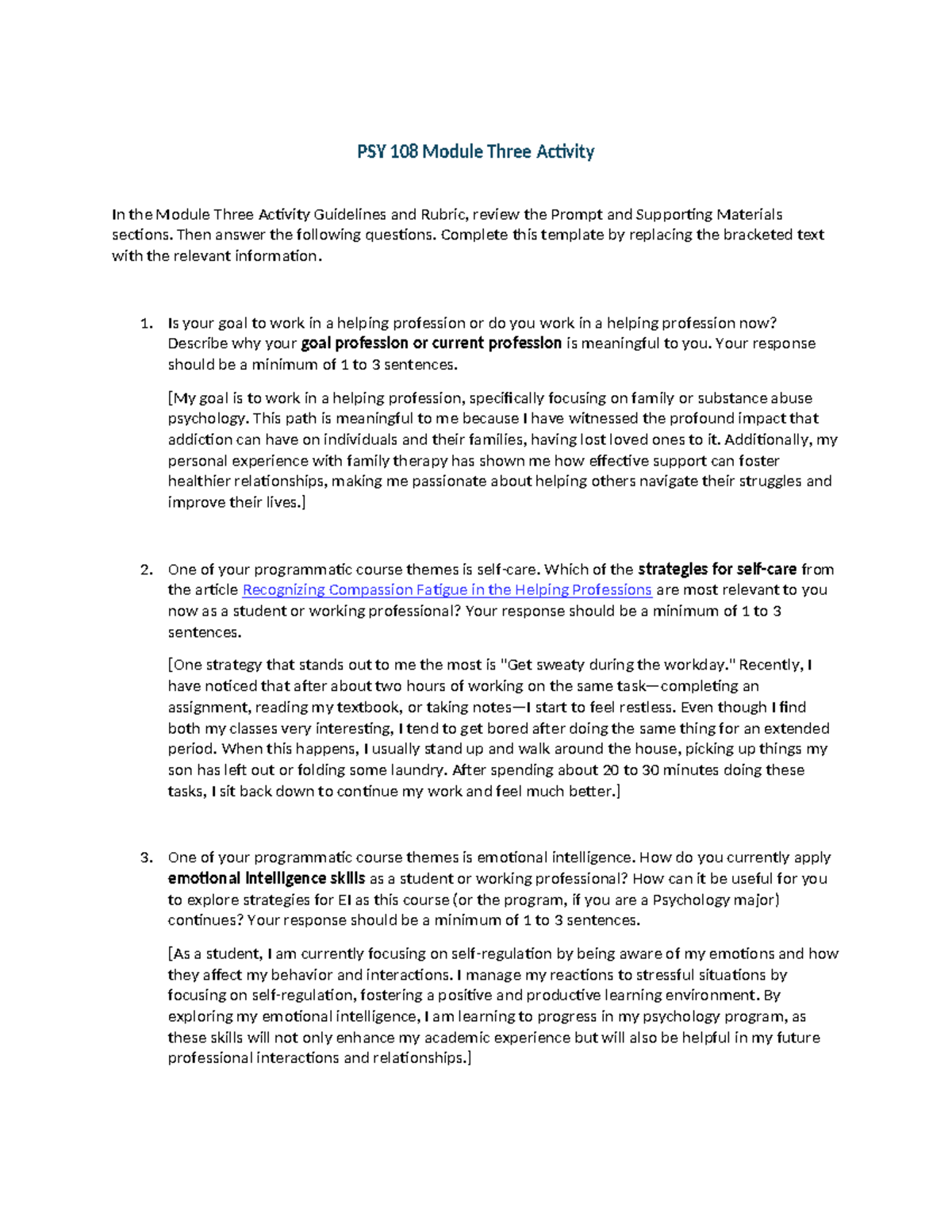 PSY MOD3 - psy mod 3 work - PSY 108 Module Three Activity In the Module Three Activity ...