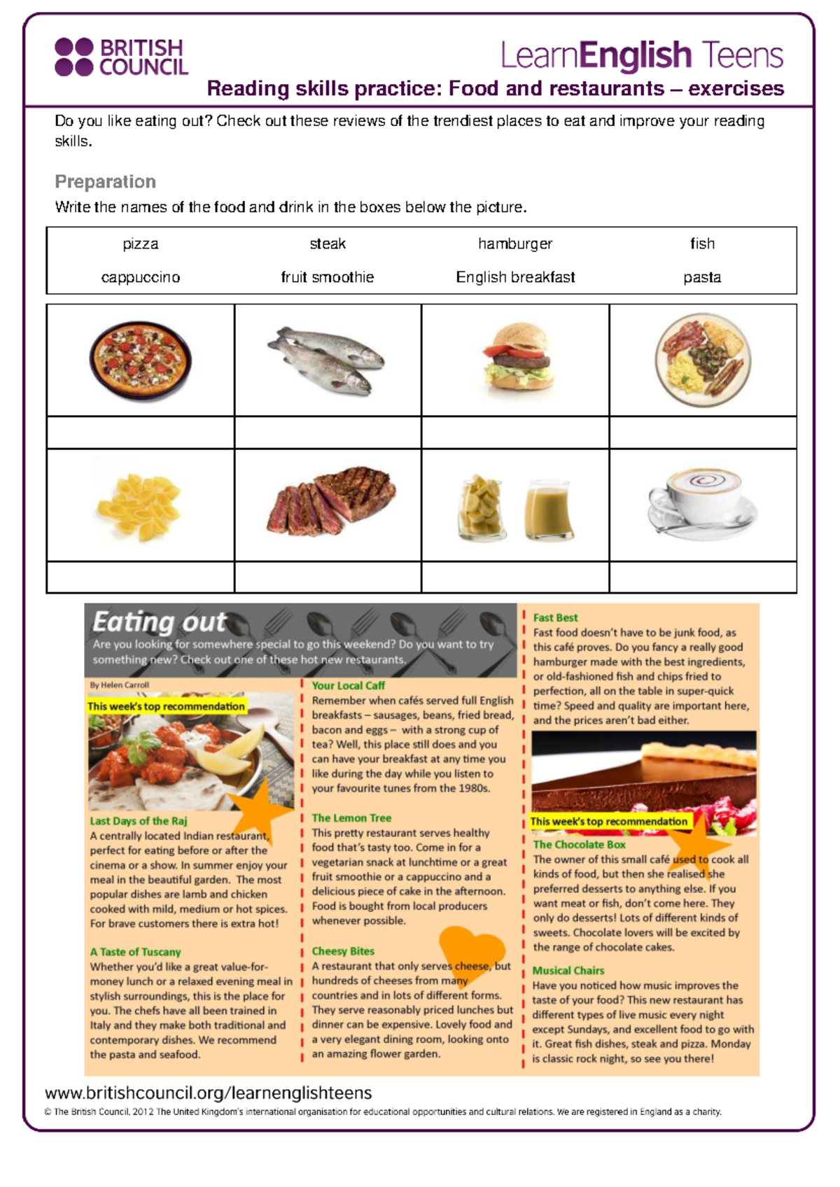 Reading Skills Practice: Food & Restaurants Exercises - Studocu