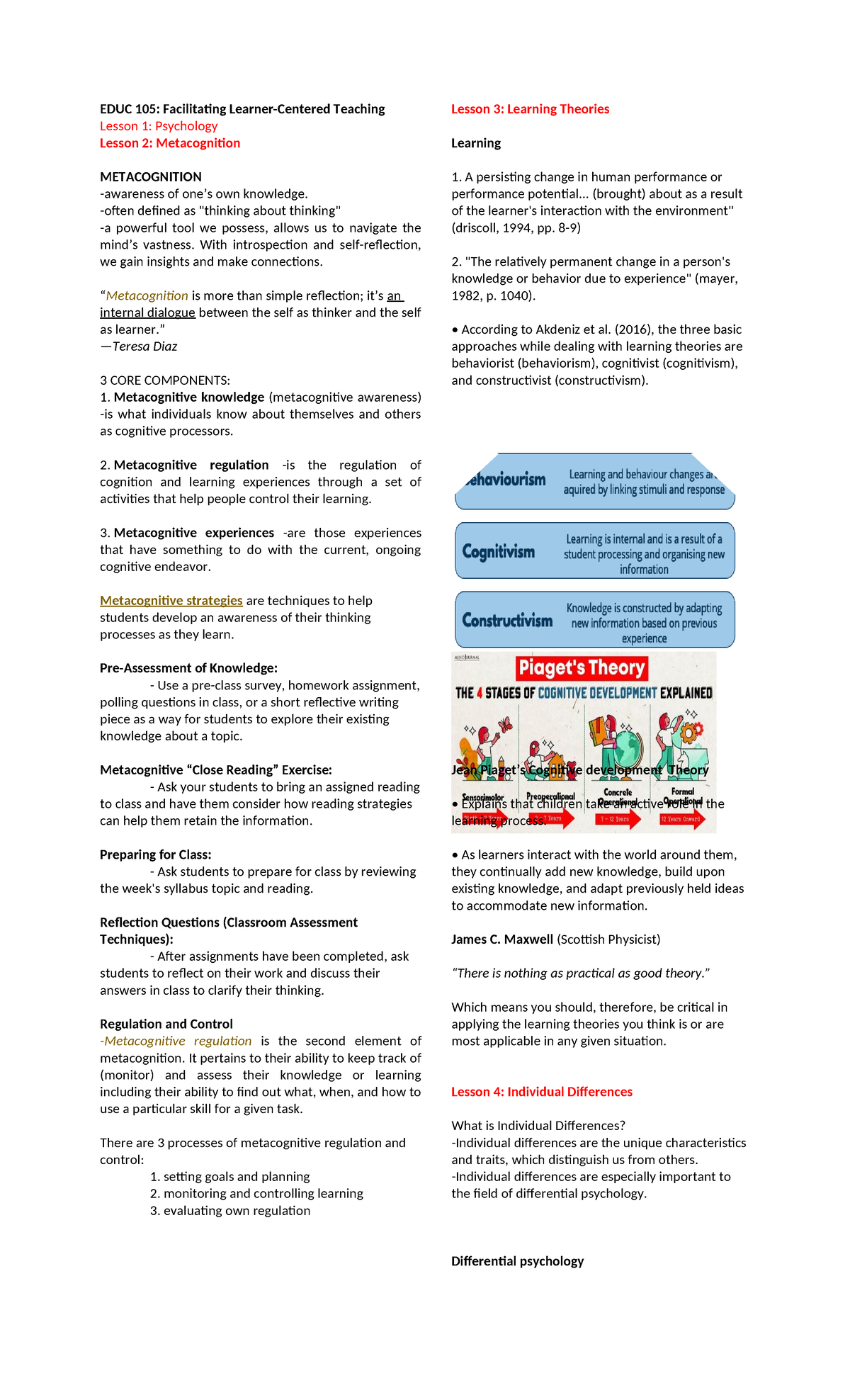 EDUC 105 - Summary of Learner-Centered Teaching Strategies - Studocu