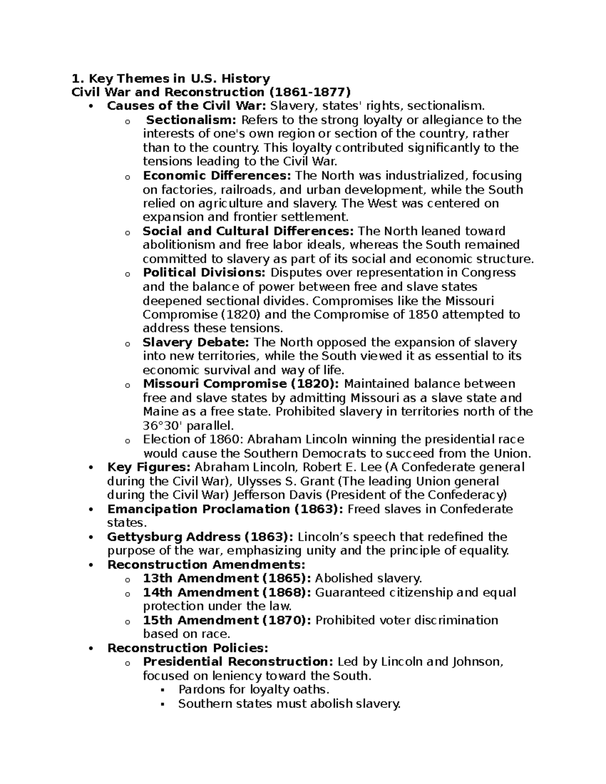 U.S. History Themes: Civil War, Reconstruction & Key Figures - Studocu