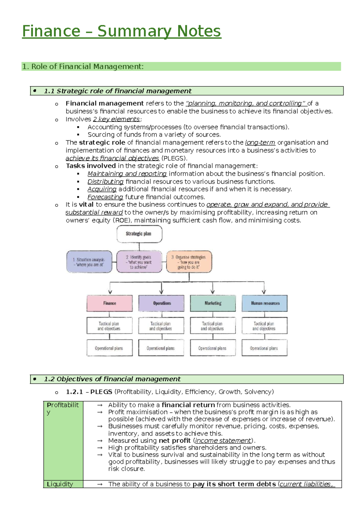 Finance Summary Notes: Strategic Role & Objectives of Financial ...