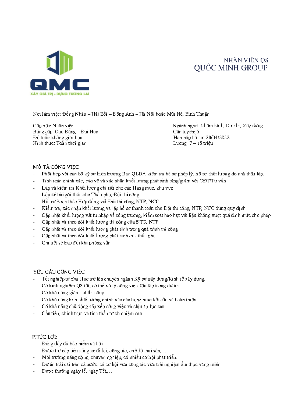 QS position - Giới thiệu về công việc - NHÂN VIÊN QS QUàC MINH GROUP ...