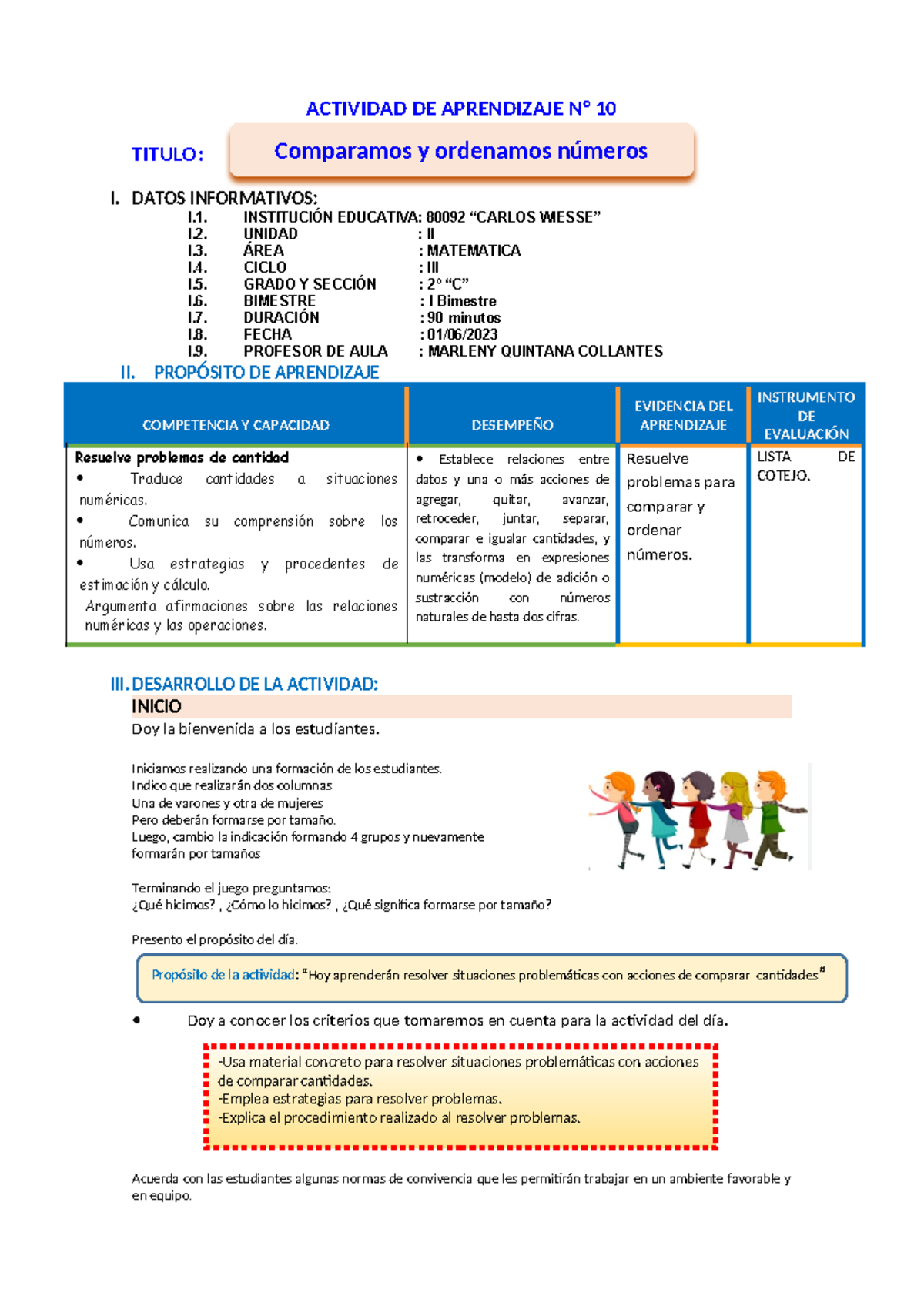 10 Sesion MAT comparamos y ordenamos nùmeros - ACTIVIDAD DE APRENDIZAJE N° 10 TITULO: I. DATOS ...