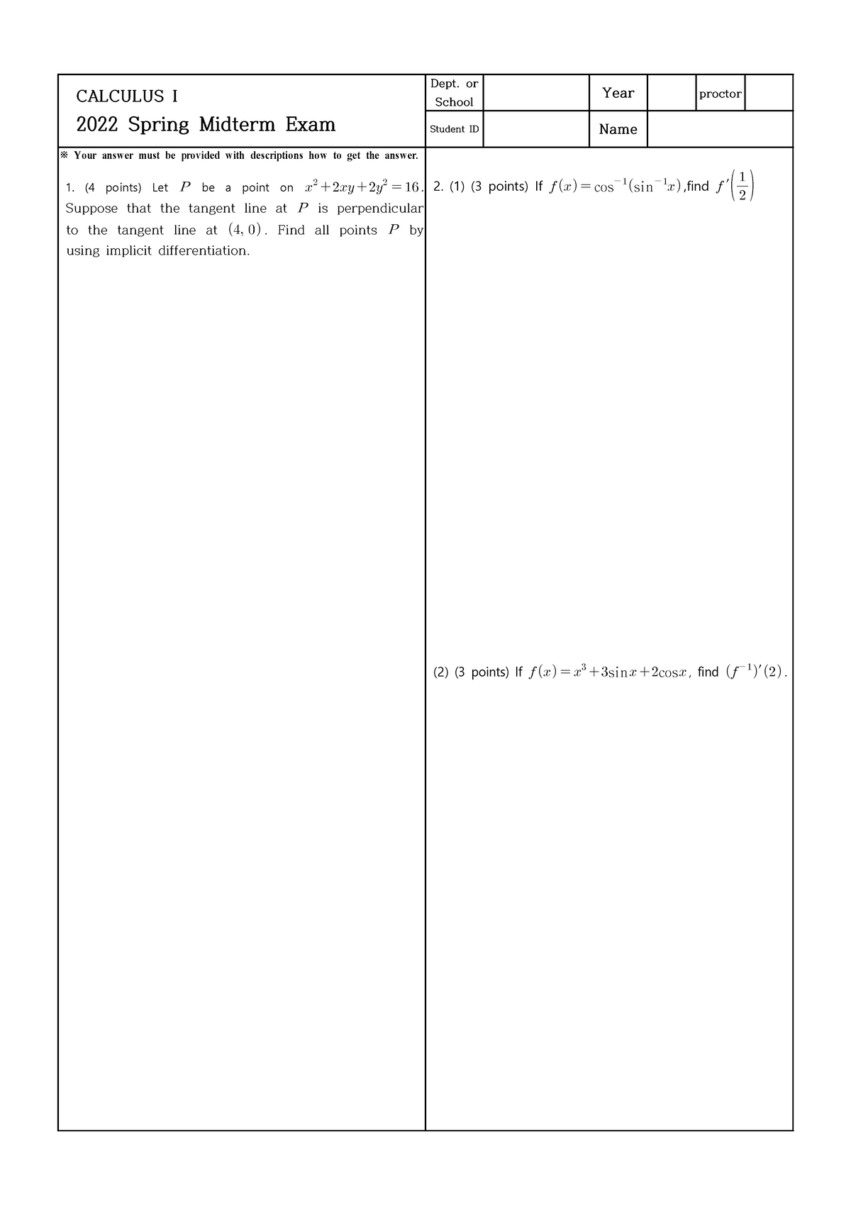 Calculus I 2022 Spring Midterm Exam Solutions and Descriptions - Studocu