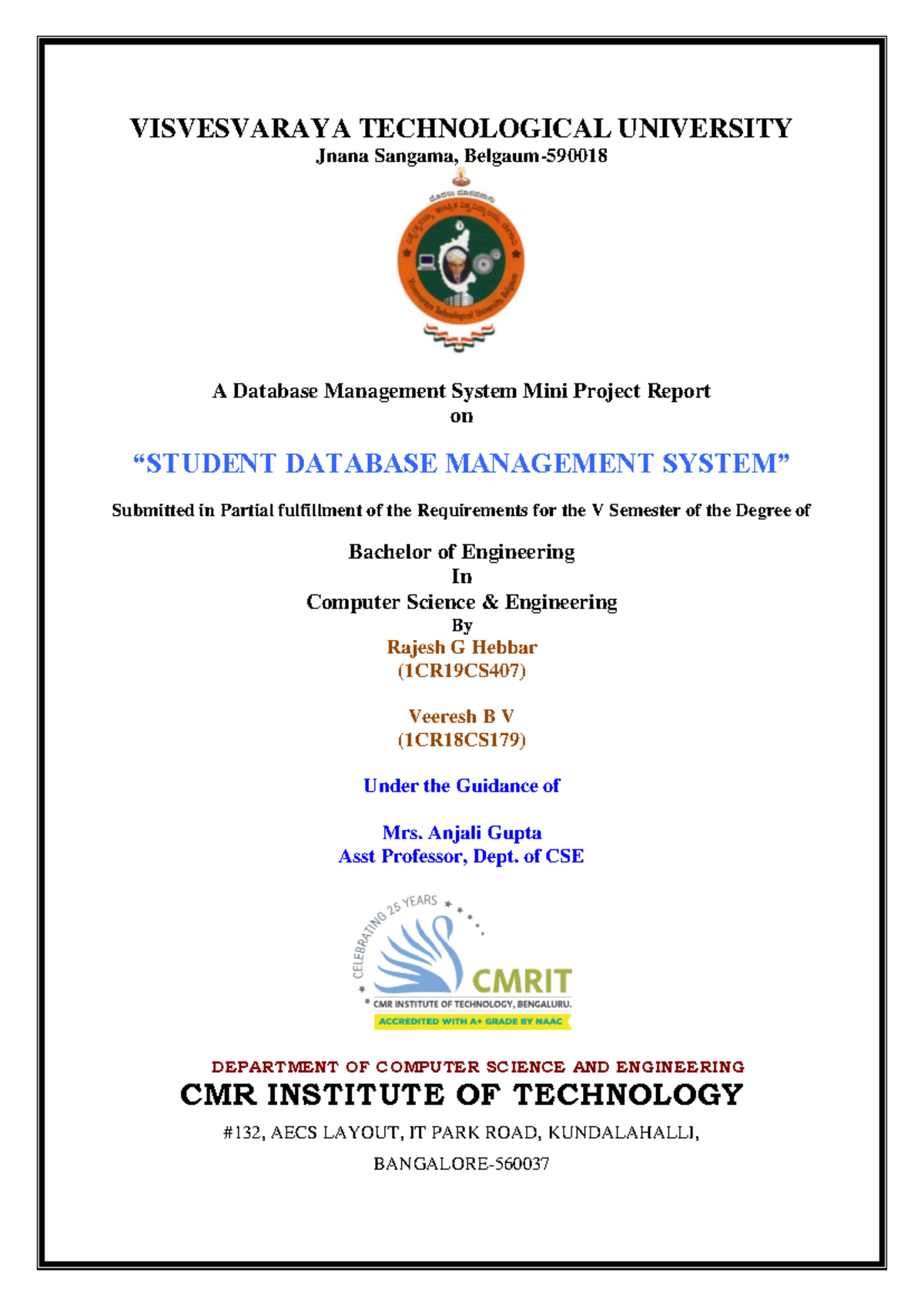 DBMS project report - VISVESVARAYA TECHNOLOGICAL UNIVERSITY Jnana ...