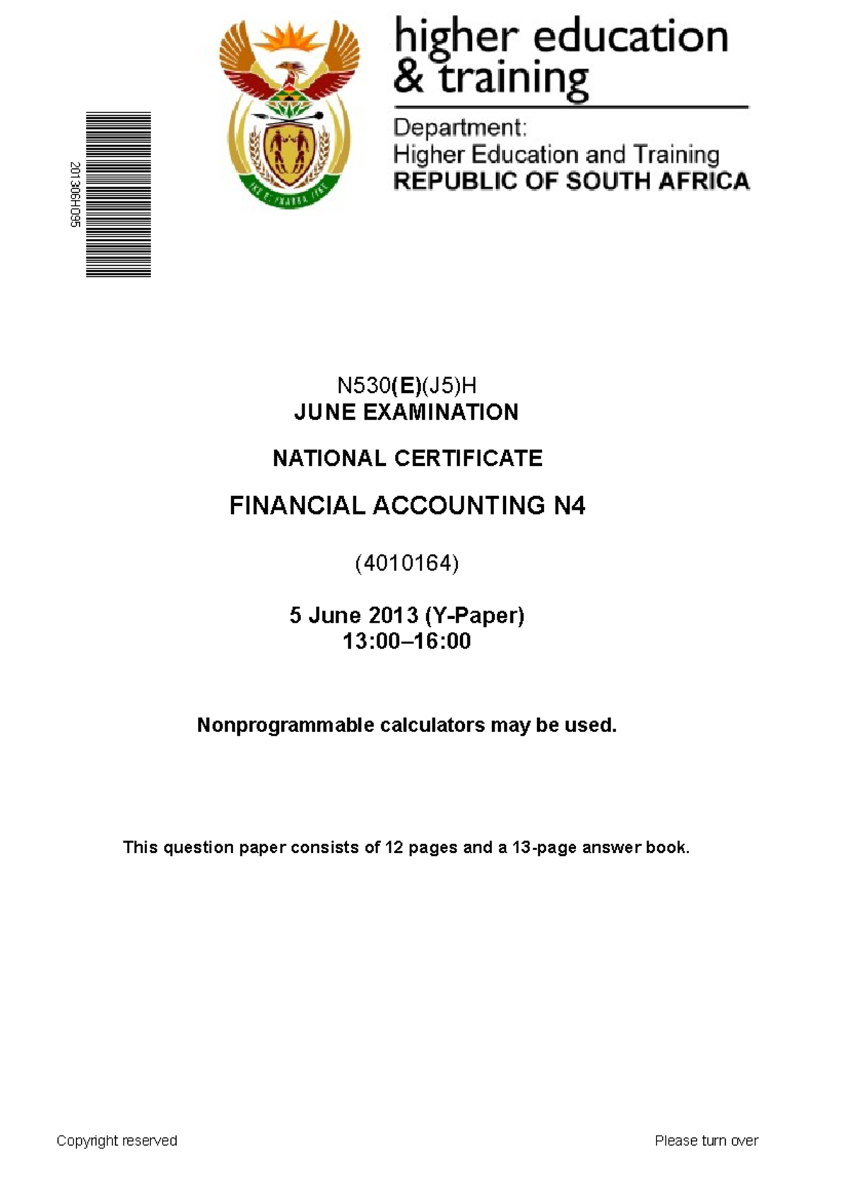 N530 Financial Accounting N - June 2013 Exam Question Paper - Studocu