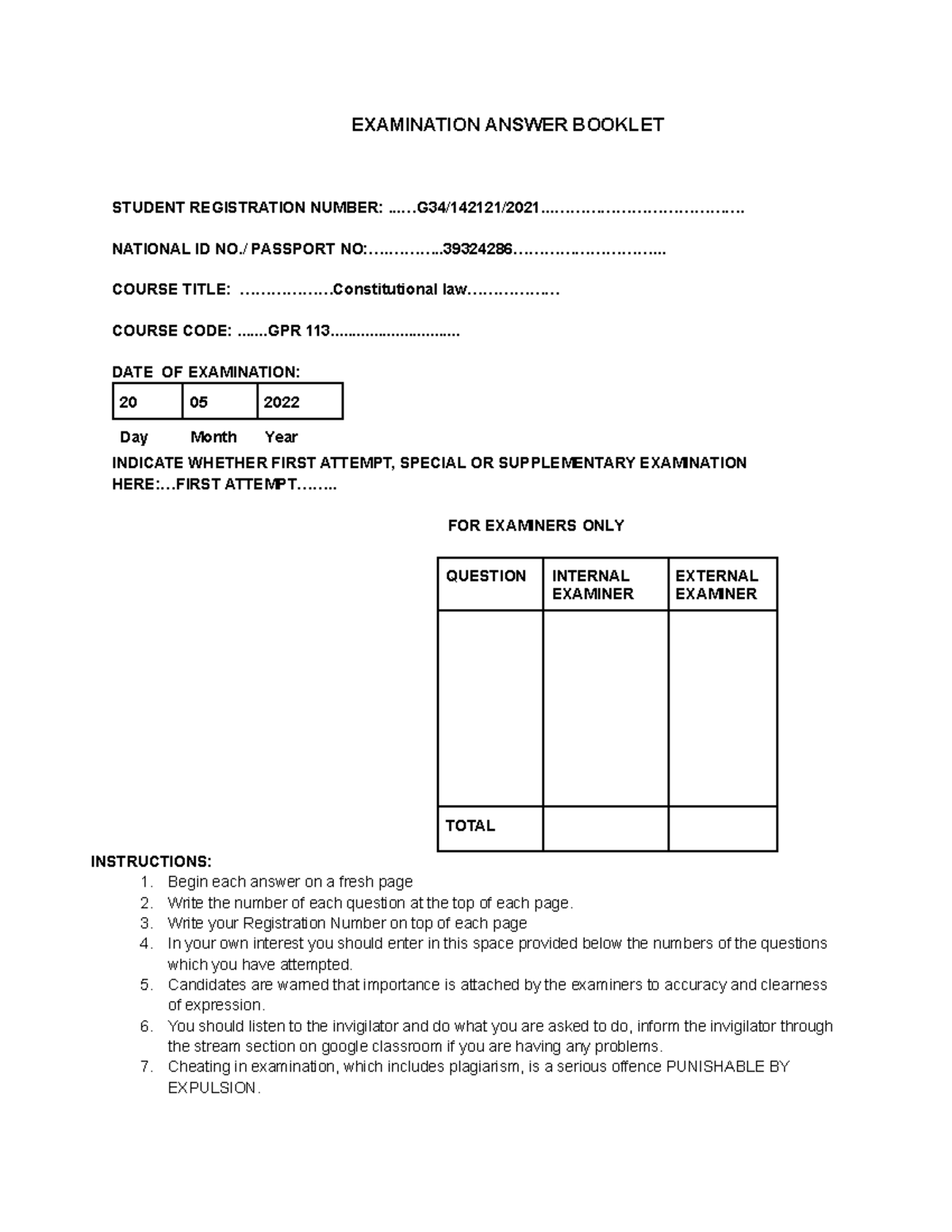 Njoki Regina Muthoni - Answer Booklet - EXAMINATION ANSWER BOOKLET ...