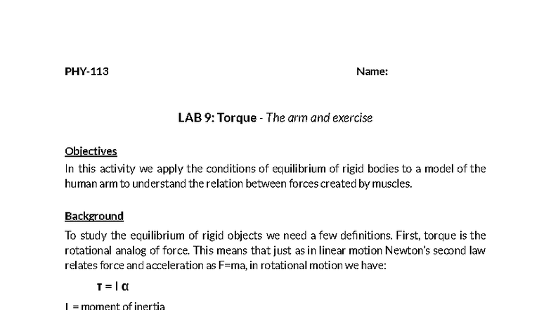 Copy of PHY 113 - Lab 9: Torque Analysis and Equilibrium Worksheet - Studocu