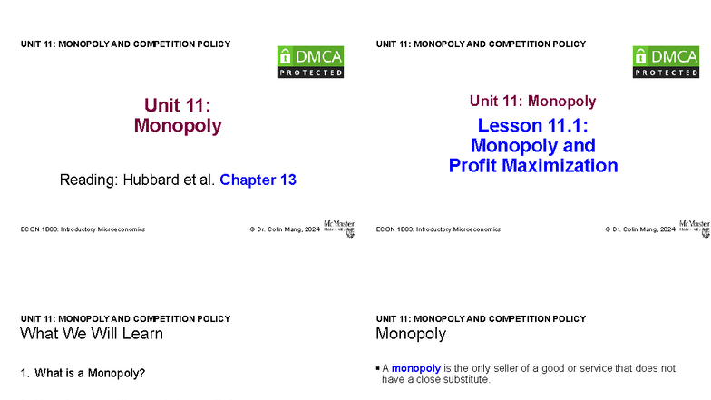Unit 11: Monopoly and Competition Policy - ECON 1B03 Lecture Notes ...