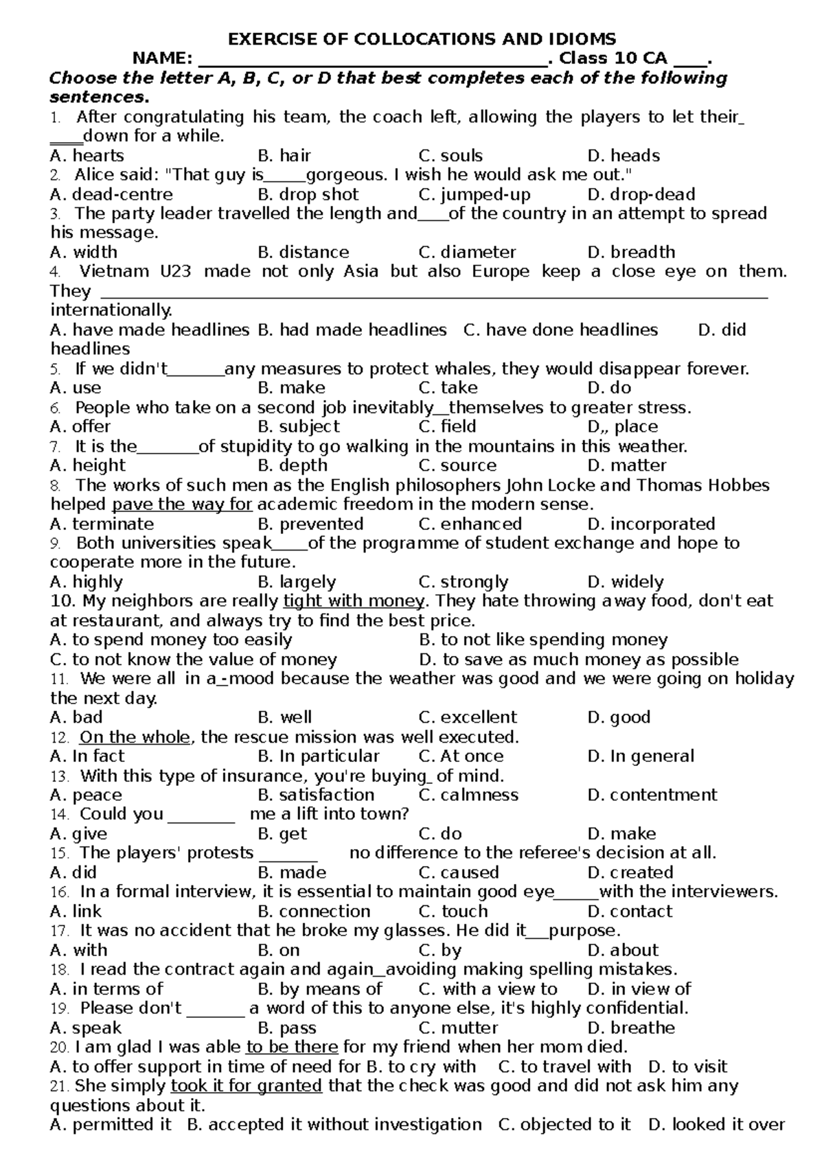50 Collocations and Idioms for Class 10 CA - Studocu