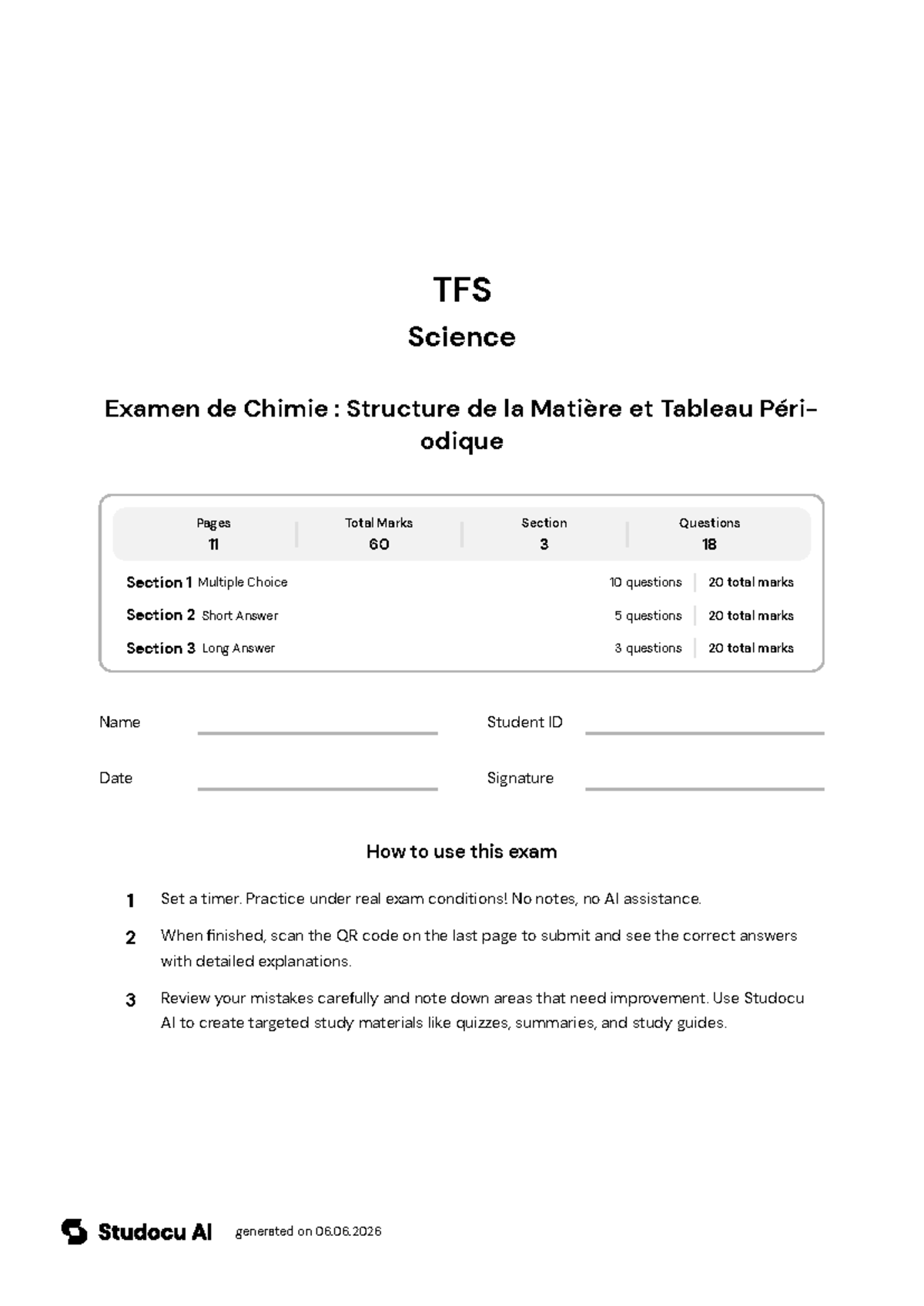 Examen de Chimie : Structure de la Matière et Tableau Périodique - Studocu