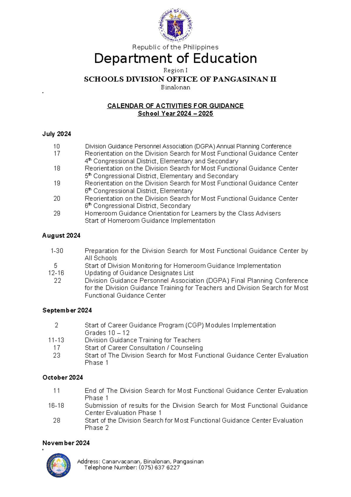 Calendar of Activities for Guidance SY24-25 - Republic of the ...