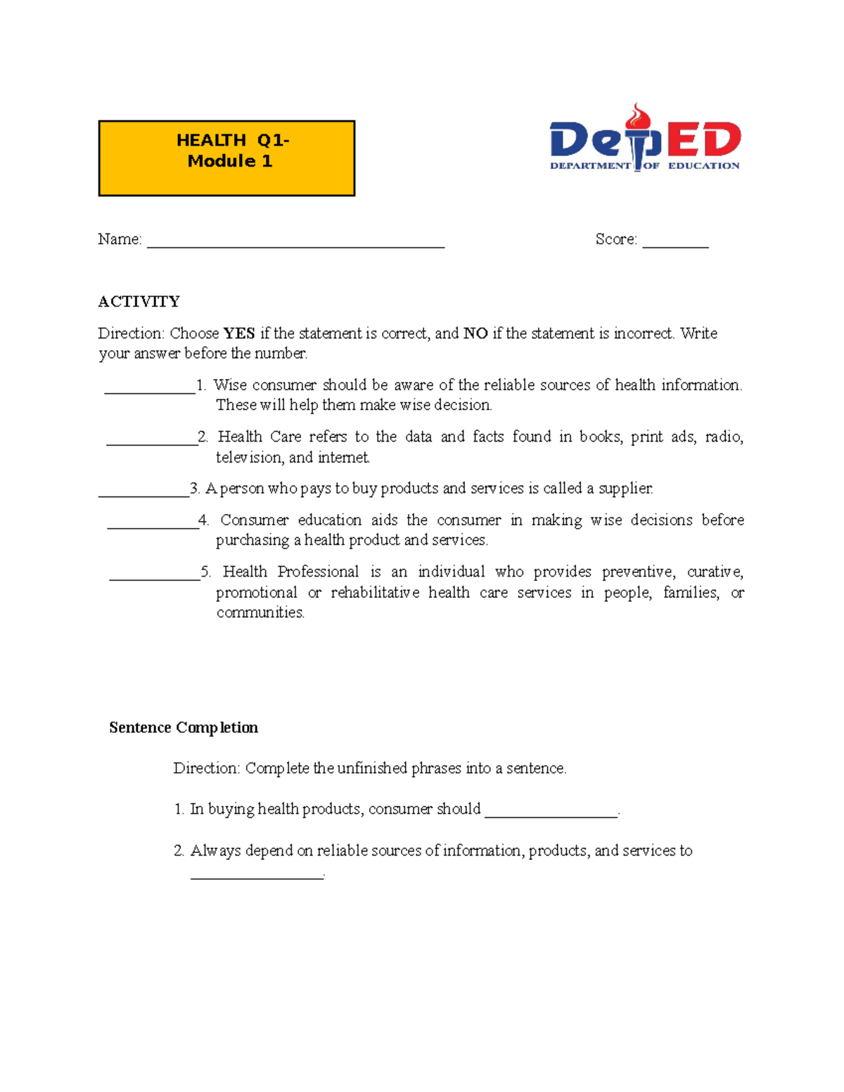 Health 10 - Q1 - DW1 - HEALTH Q1- Module 1 Name ...