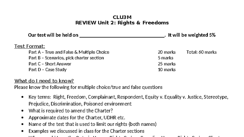 CLU3M Unit 2 Test Review: Rights and Freedoms Overview - Studocu