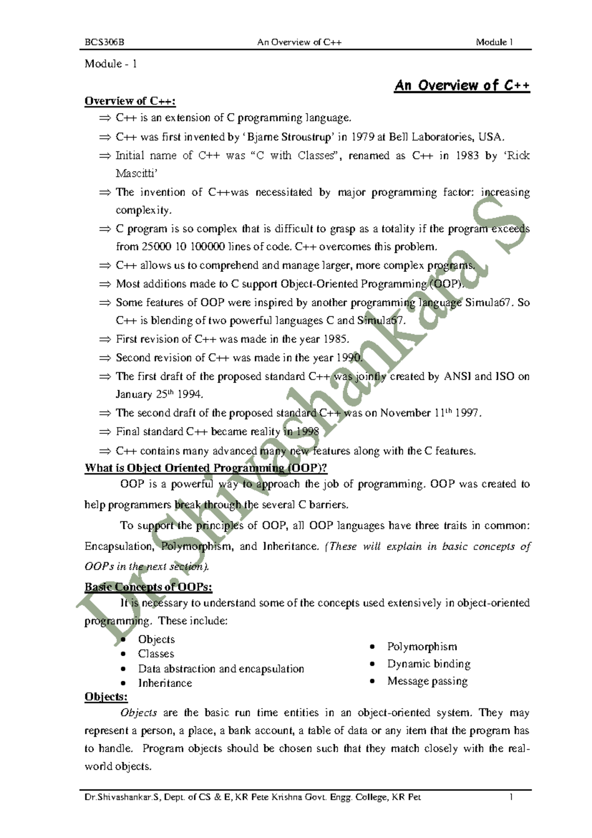 BCS306B Overview of Object-Oriented Programming Concepts in Module 1 - Studocu