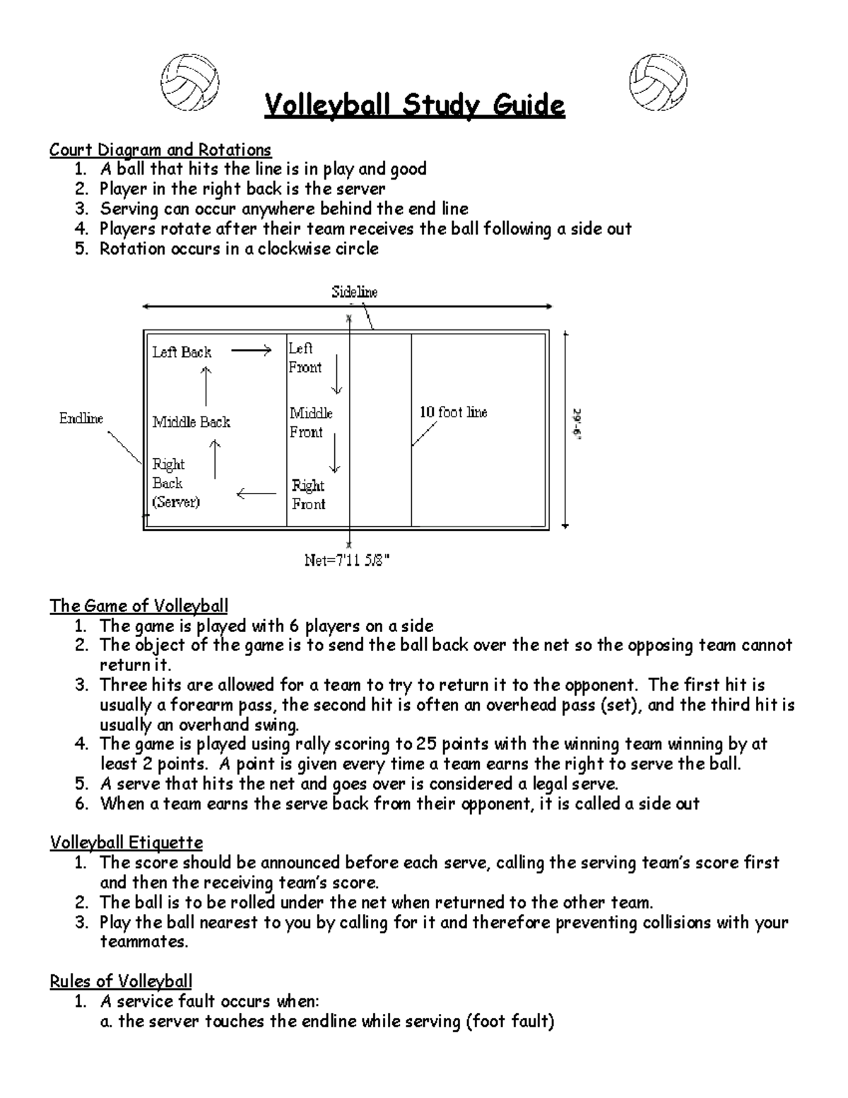 Volleyball Study Guide: Court Diagrams, Rules & Skills Overview - Studocu